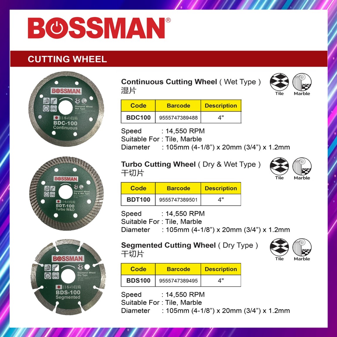 Bossman 4" Diamond Cutting Disc Cutting Wheel mata potong mozek simen ...