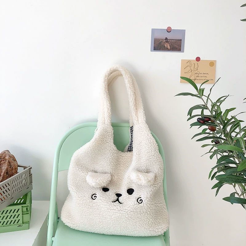 Korean Cute Big Bear Bag Lamb Plush Tote Female Students Large Capacity Shoulder Underarm Bag ...