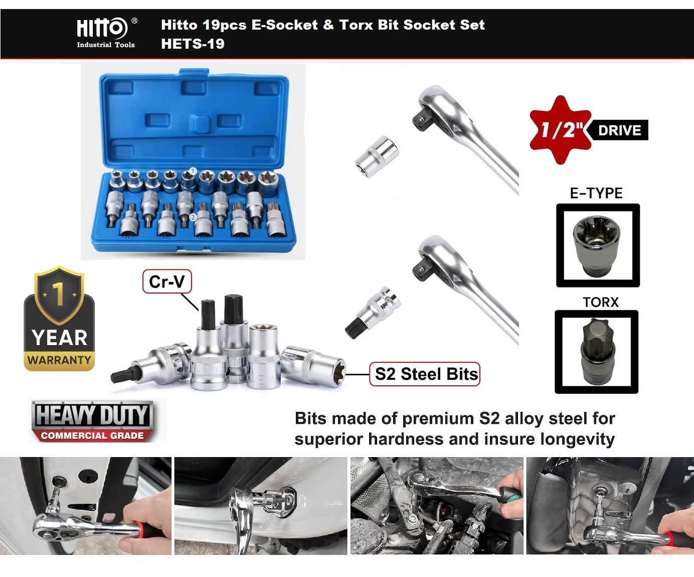 Hitto HETS-19pcs E-Socket & Torx Bit Socket Set 1/2-inch Dr. | Shopee ...