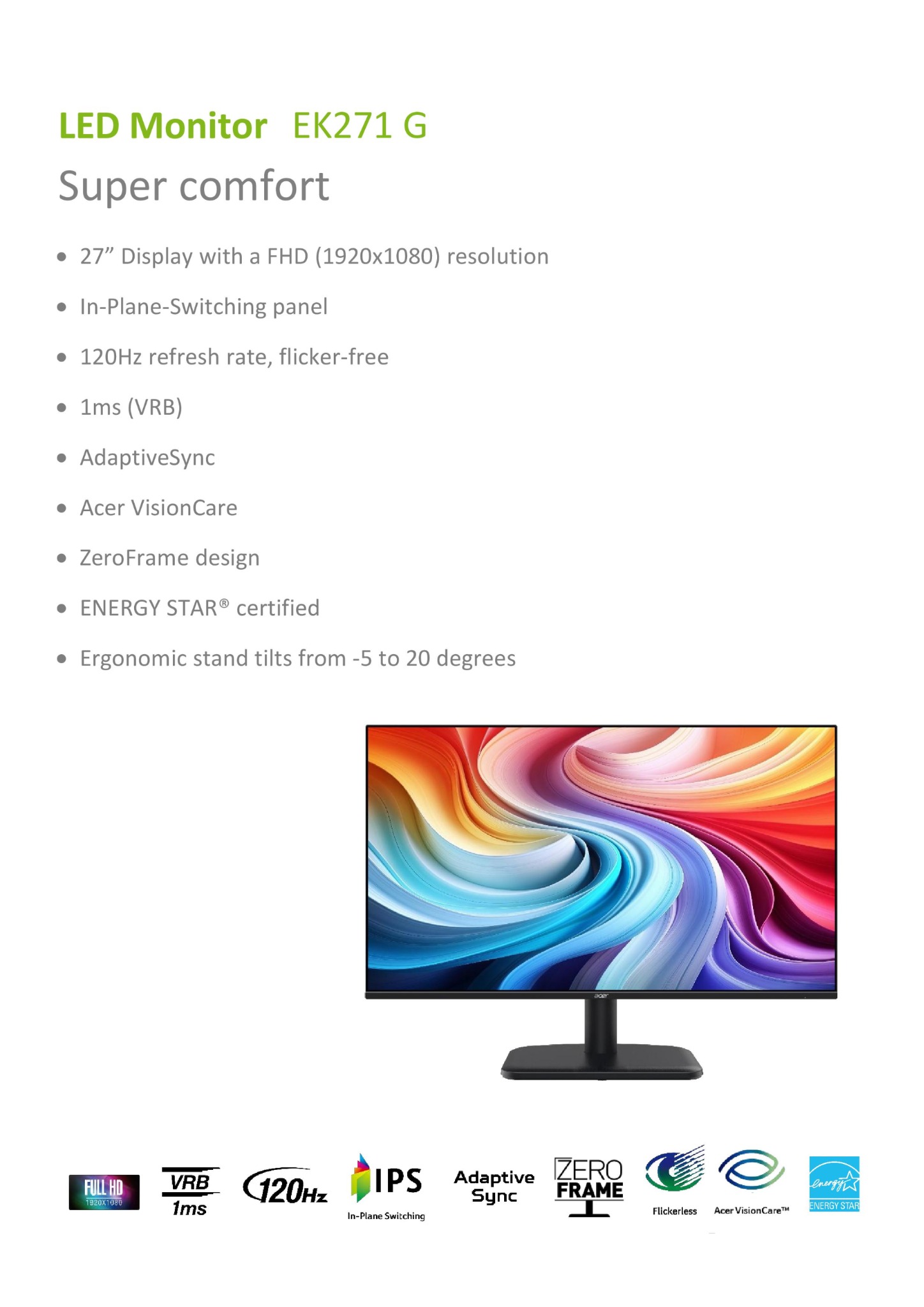 ACER 27" EK271G / EK271 G FULL HD (1920x1080@120HZ) FLAT IPS PANEL LCD ...