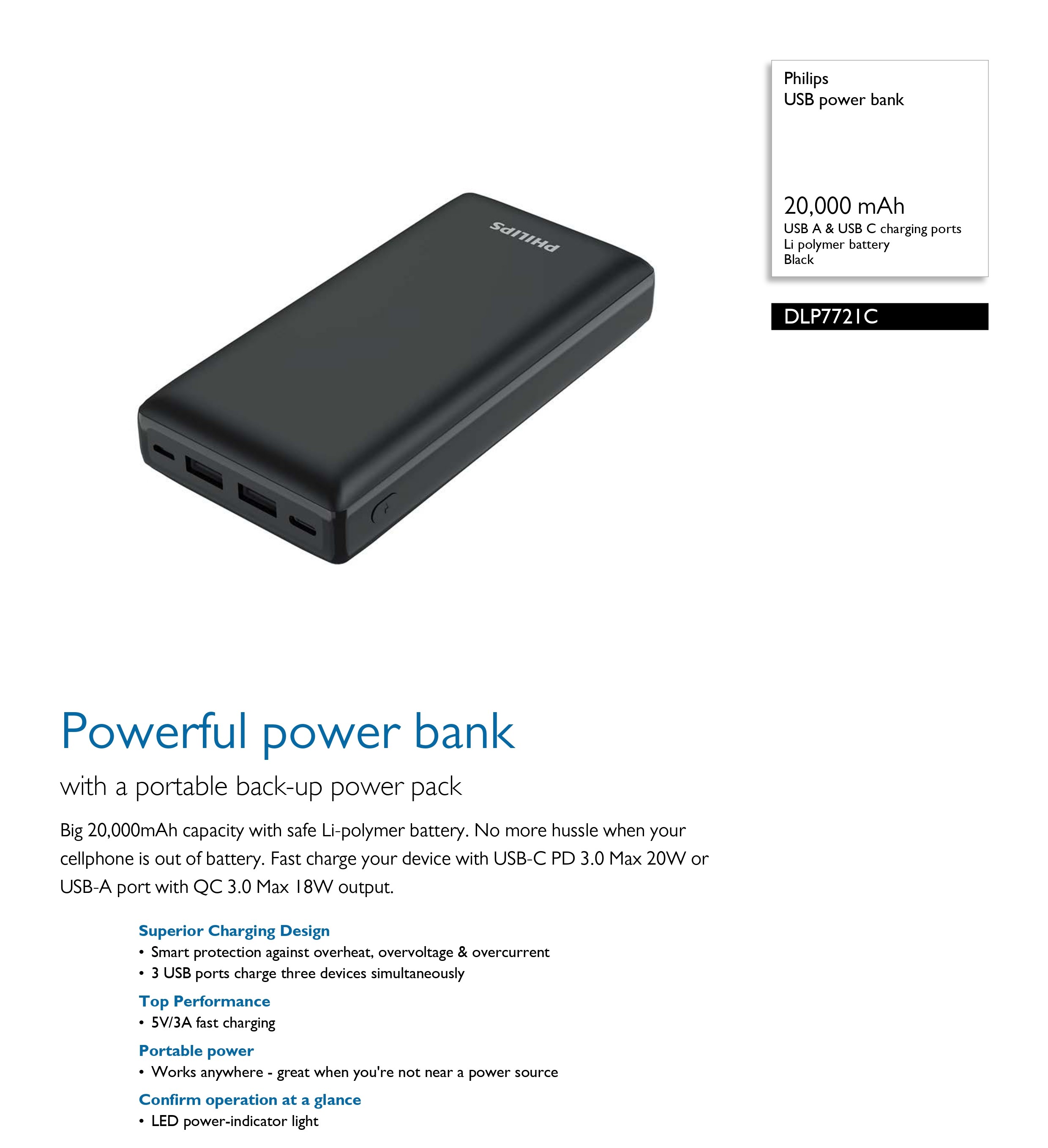 [New Model] PHILIPS DLP7721C Powerbank with 20000mAh, PD 20W, 2 USB ...