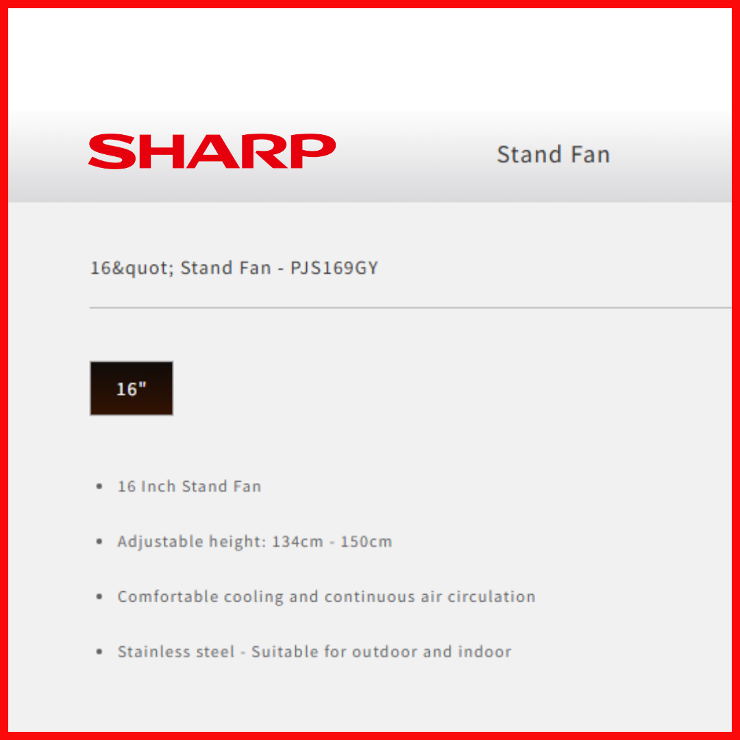 SHARP 16" STAND FAN PJS169BL / PJS169GY / PJS400M NEW-SB | Shopee Malaysia