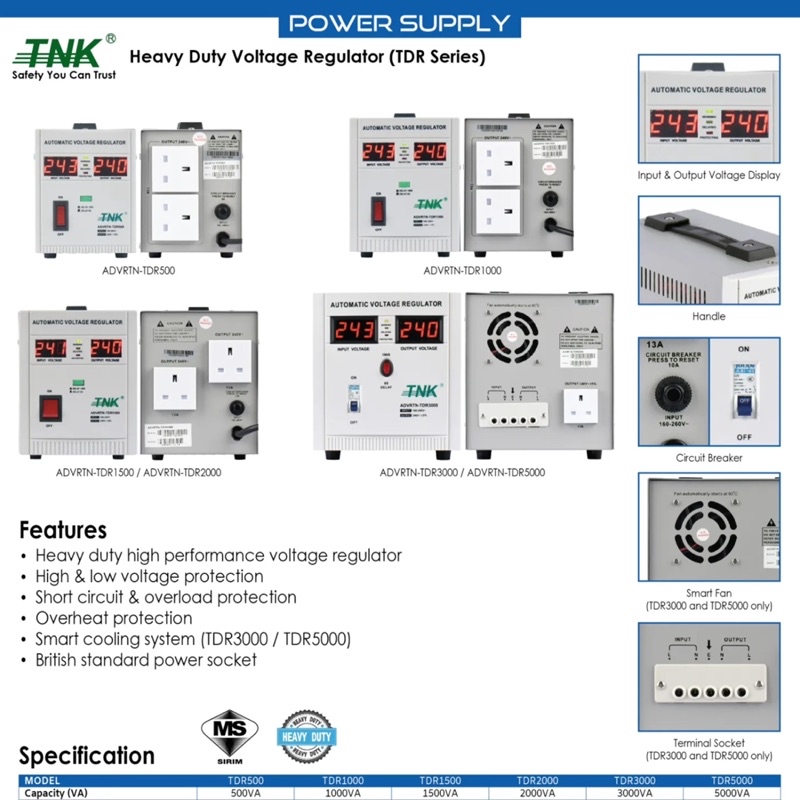 [Sirim] TNK TDR1500 1500VA AVR Heavy Duty Automatic Voltage Regulator ...