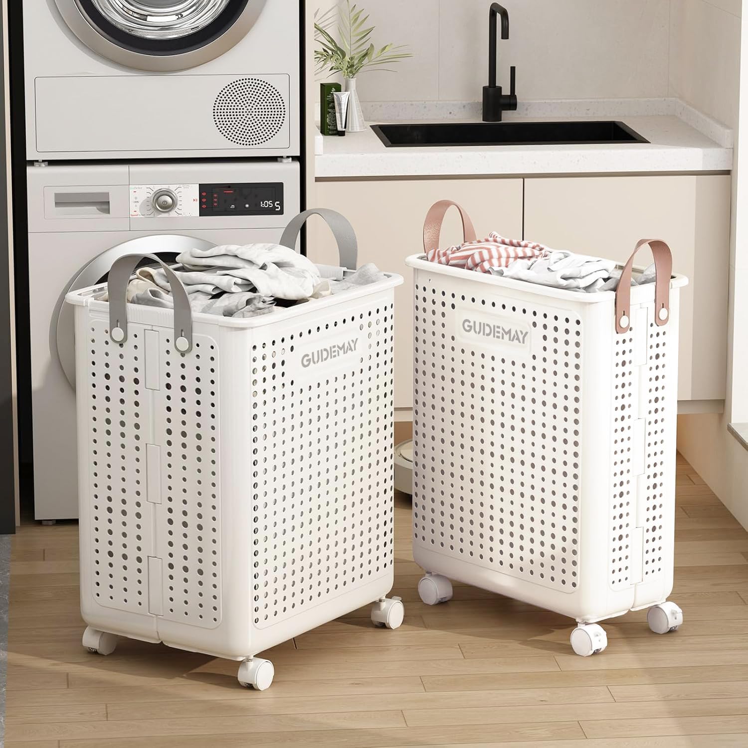 Collapsible Laundry Basket with Wheels and Handle Foldable Clothes ...