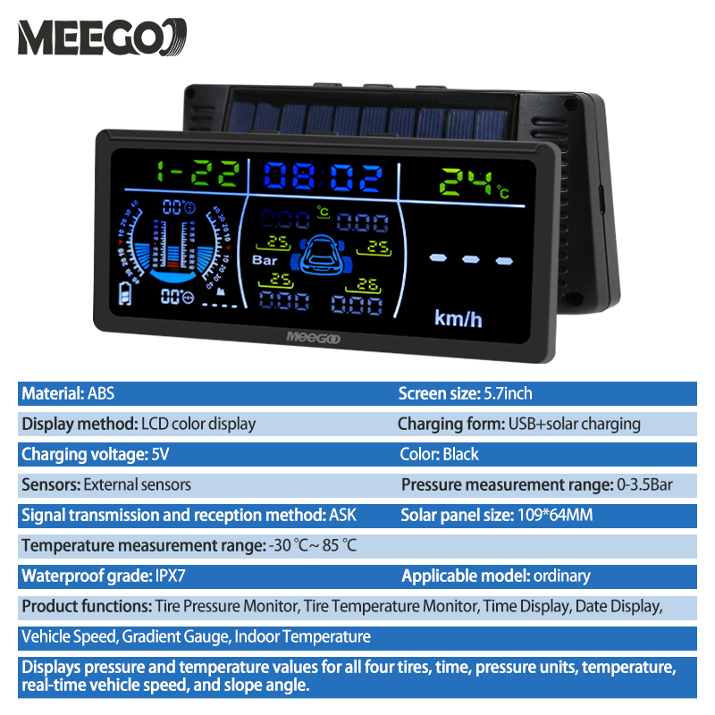 MeeGoo LCD Display Large Screen Tyre Pressure Monitor With Solar ...