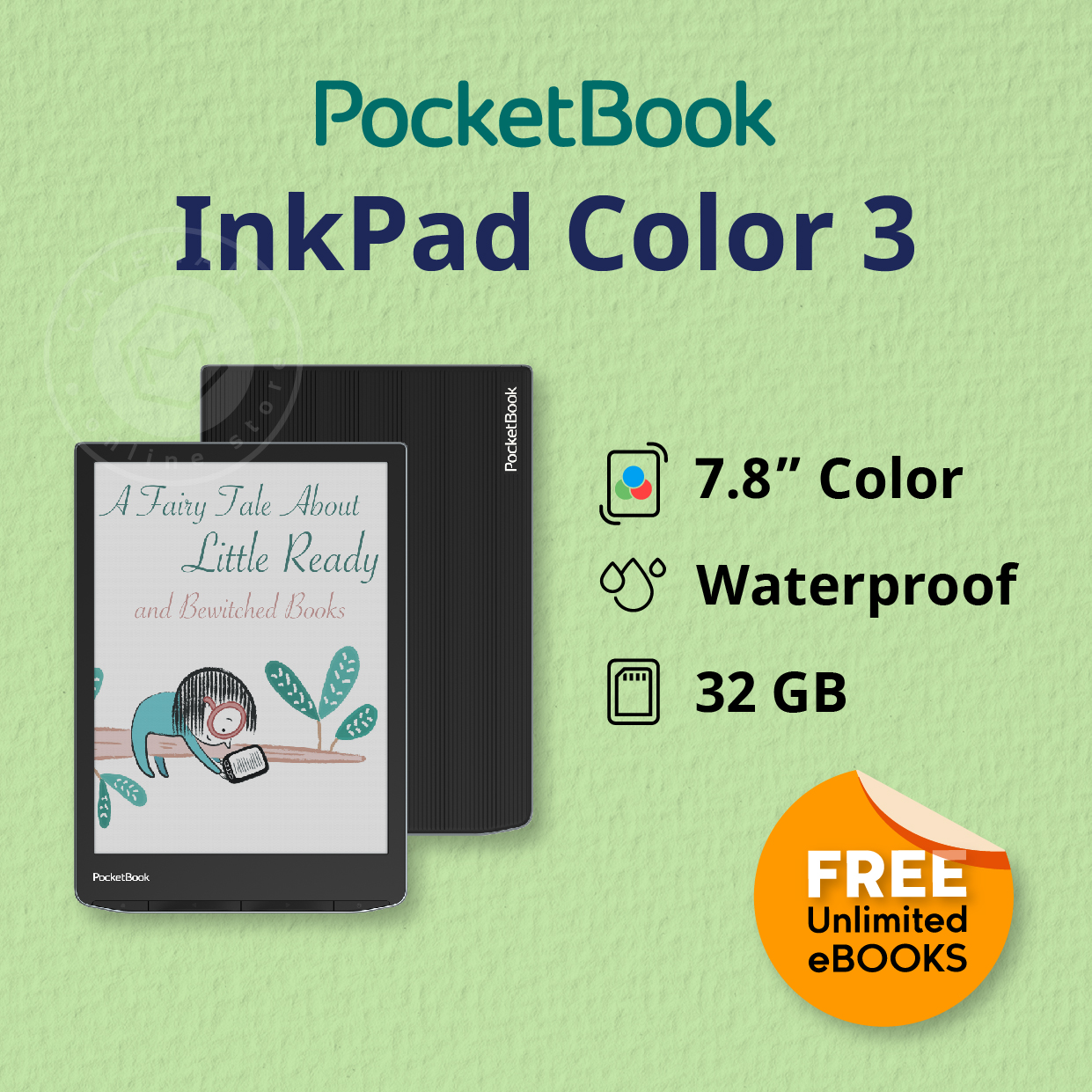 PocketBook InkPad Color 3 - 32 GB + 7.8 Inch Color Display eReader | Unlimited eBooks Package ...