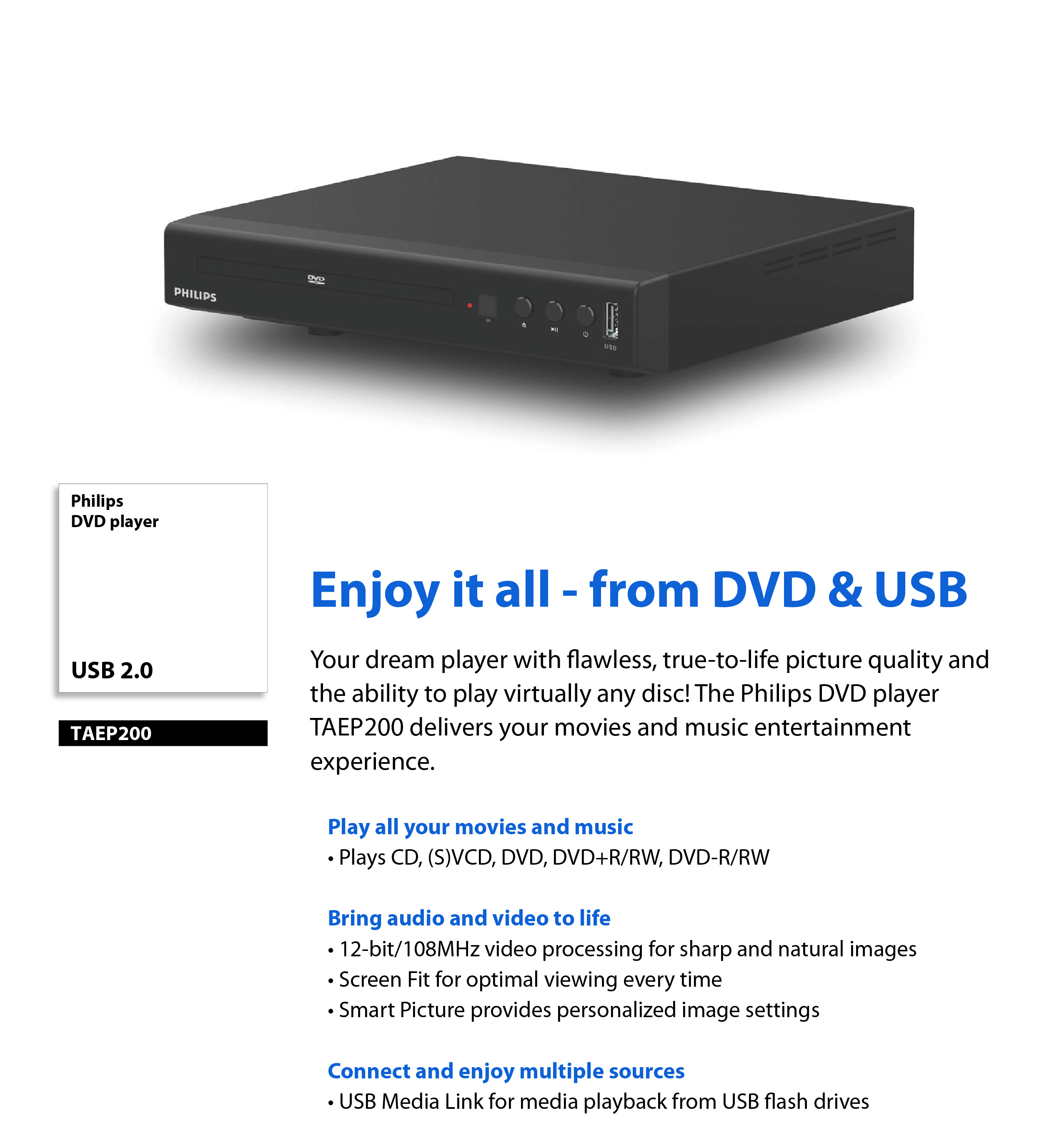 [New Model] PHILIPS TAEP200 DVD Player with USB 2.0 Direct, 12-Bit/108MHz Video & Screen Fit for ...