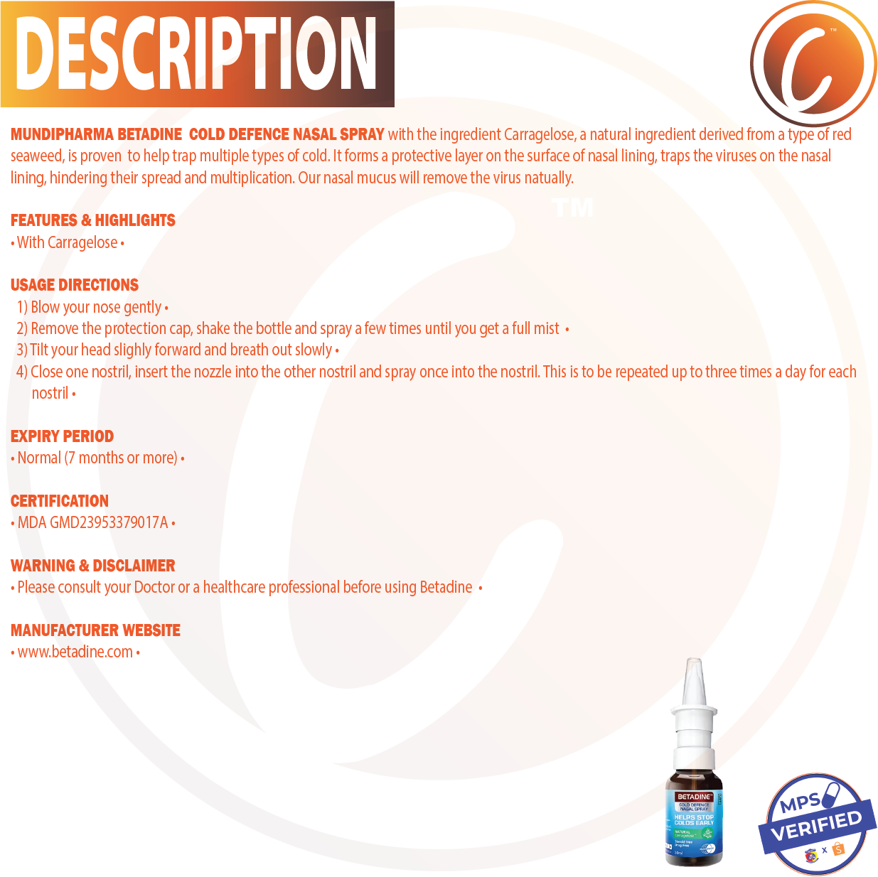 MUNDIPHARMA Betadine Sore Throat Spray Mouth Gargle / Cold Defence ...