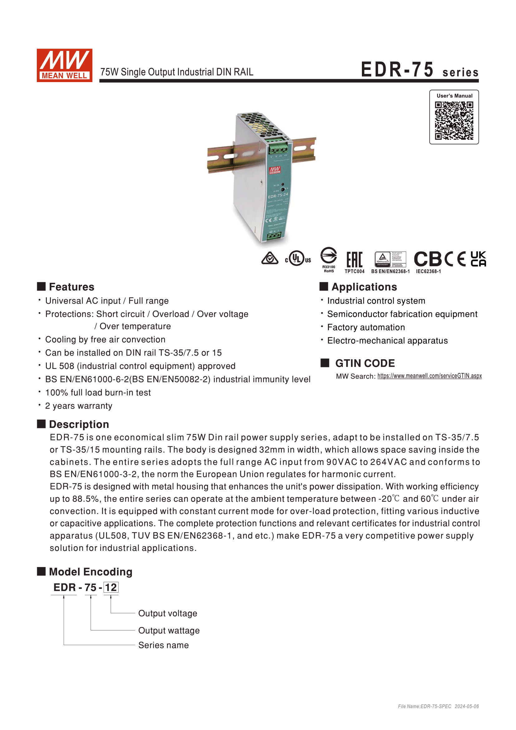 [READY STOCK] Mean Well Din Rail EDR Series Power Supply EDR-75/120/150 | 2 Years Warranty ...