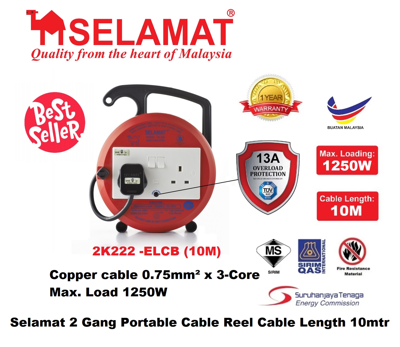 Selamat 2K222-ELCB (10m) 1250W Double Socket Cable Reel with ELCB ...