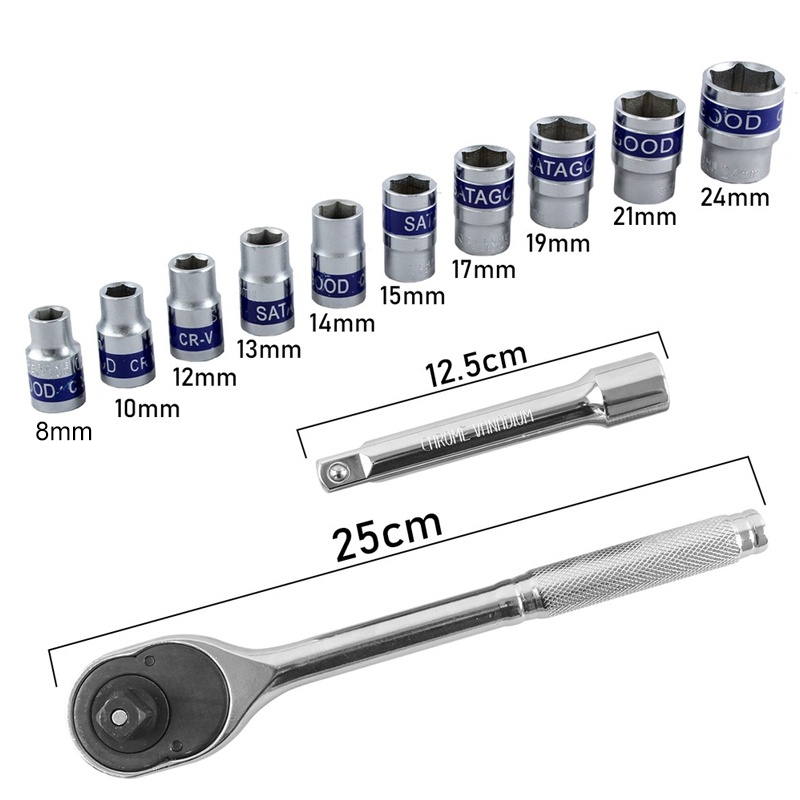 REAIM 1/2" 12pcs Ratchet Box Socket Set (10-24mm) Chrome Vanadium ...
