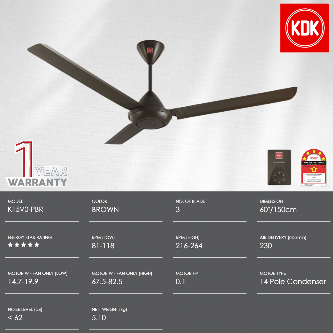 KDK K15V0 / DESIGNER (60″/150cm) Kipas Siling Kipas Syiling Ceiling Fan With Regulator 3 Bilah ...