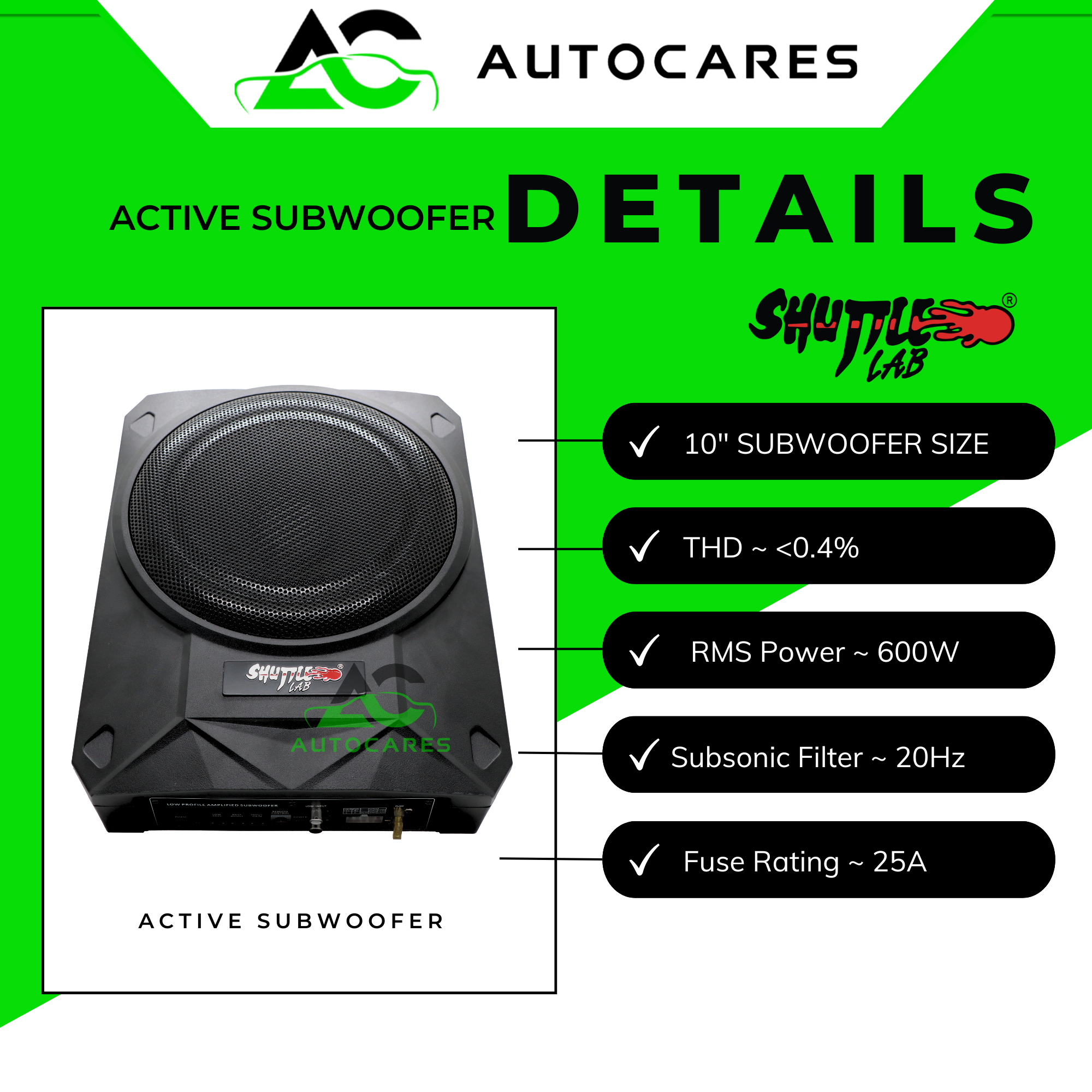 SHUTTLE LAB Subwoofer Underseat 10inch Active Subwoofer 10" Car Woofer ...