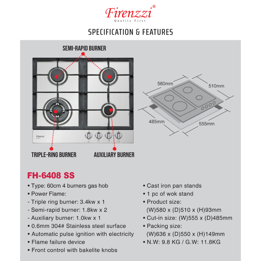 【READY STOCK】Firenzzi FH-9500SS 5 Burner Italian Platinum Stainless ...