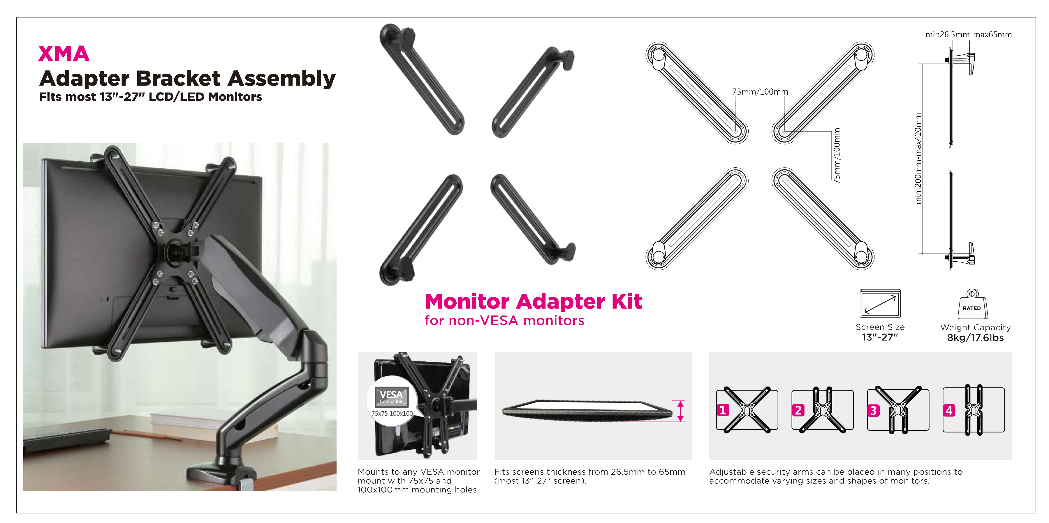 XMA Universal Vesa Monitor Bracket Adapter for Monitor Size 13" - 27 ...