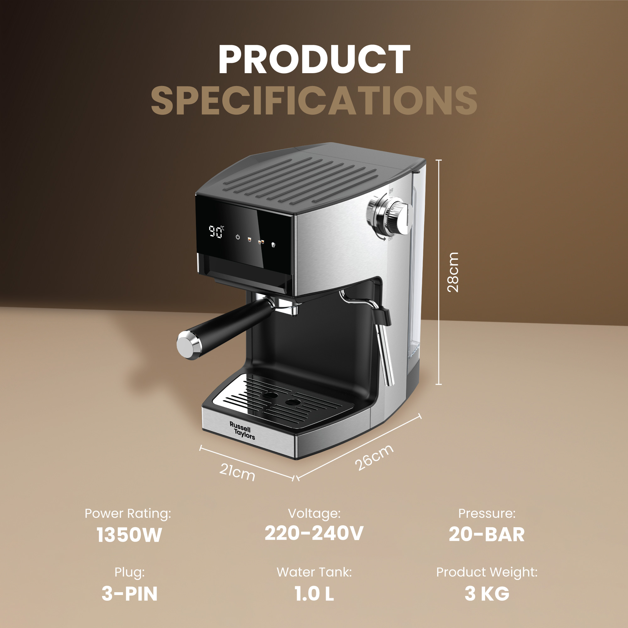 Russell Taylors 20 Bar Espresso Coffee Machine Digital Coffee Maker EM1 ...