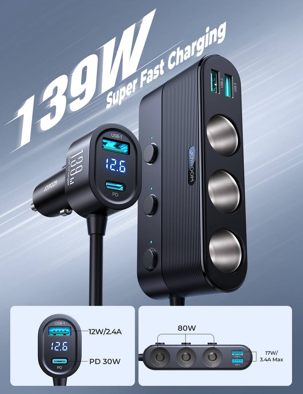 Joyroom JR-CL06 210W/139W/78W 9 in 1 Multi Port Car Charger Adapter PD 3 Socket Cigarette ...