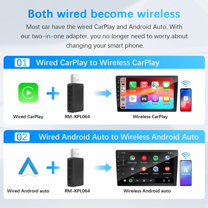 2 in 1 Wireless Apple CarPlay Android Auto Adapter Dongle Wired to ...
