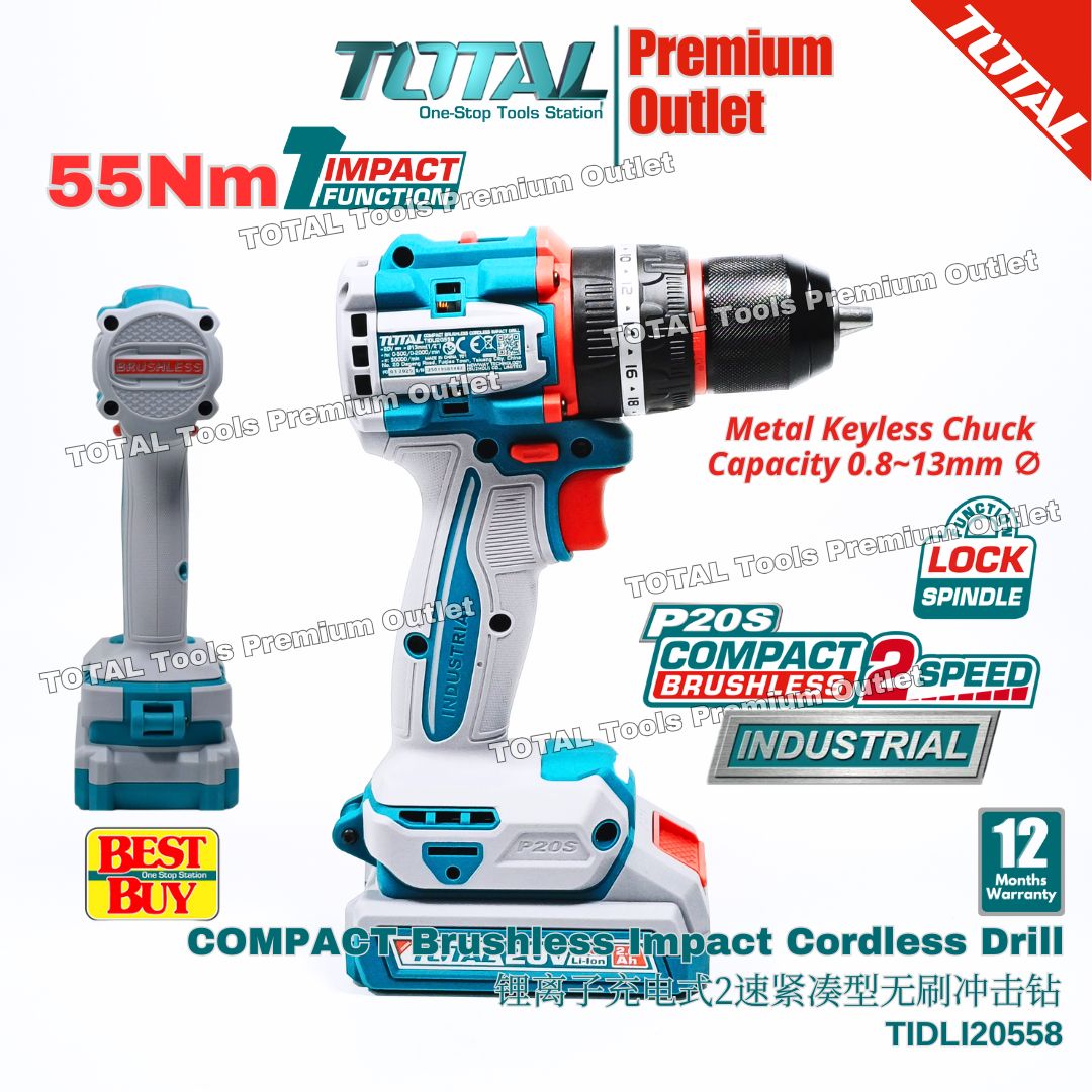 TOTAL Tools 55Nm BL motor compact cordless impact drill w/47 pcs ...