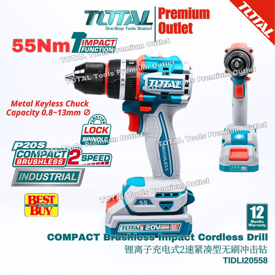 TOTAL Tools 55Nm BL motor compact cordless impact drill w/47 pcs ...