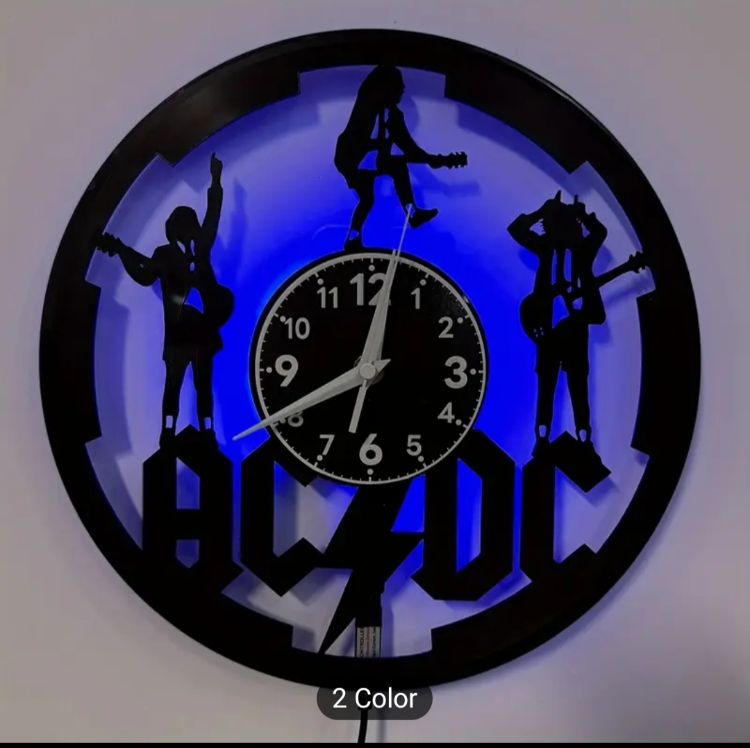 AC/DC Rock Music Vinyl Record Wall Clock with Colorful LED Lights Retro ...
