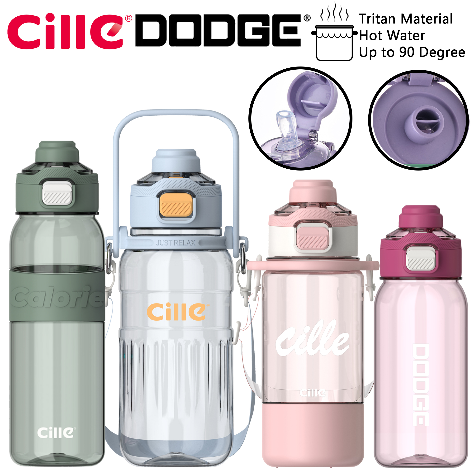 Cille Dodge 580ml/760ml/1L Vogue Style Dual Head Large Leakproof Tritan ...