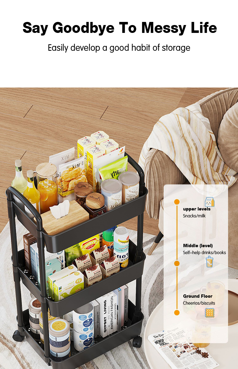 Multifunction Storage Trolley Rack 100% carbon steel 3/4 Tiers Carbon ...