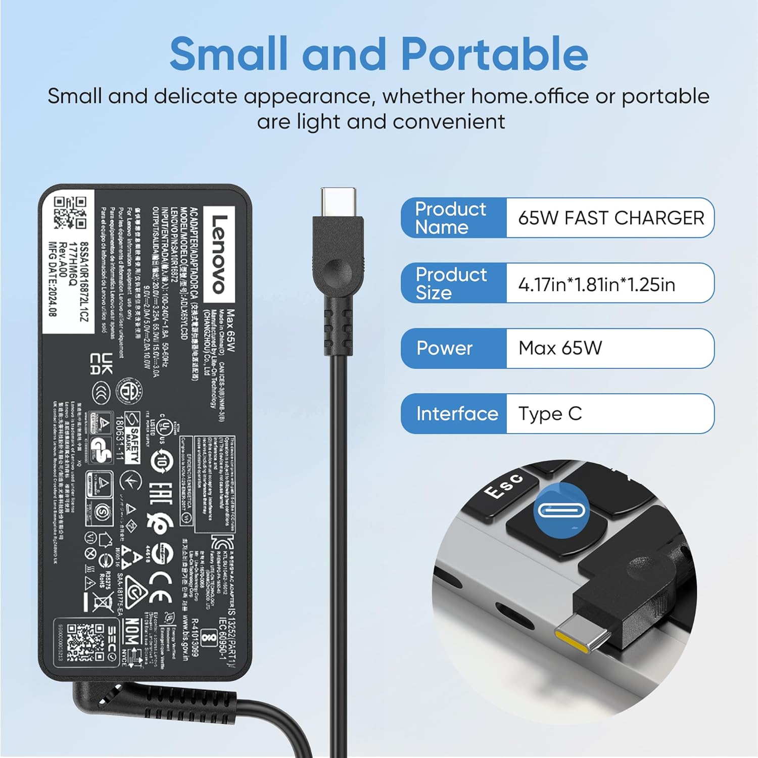 Lenovo 65W Computer Charger USB-C for ThinkPad E580-E595 T480-T580 Yoga C940/C740 ThinkBook ...