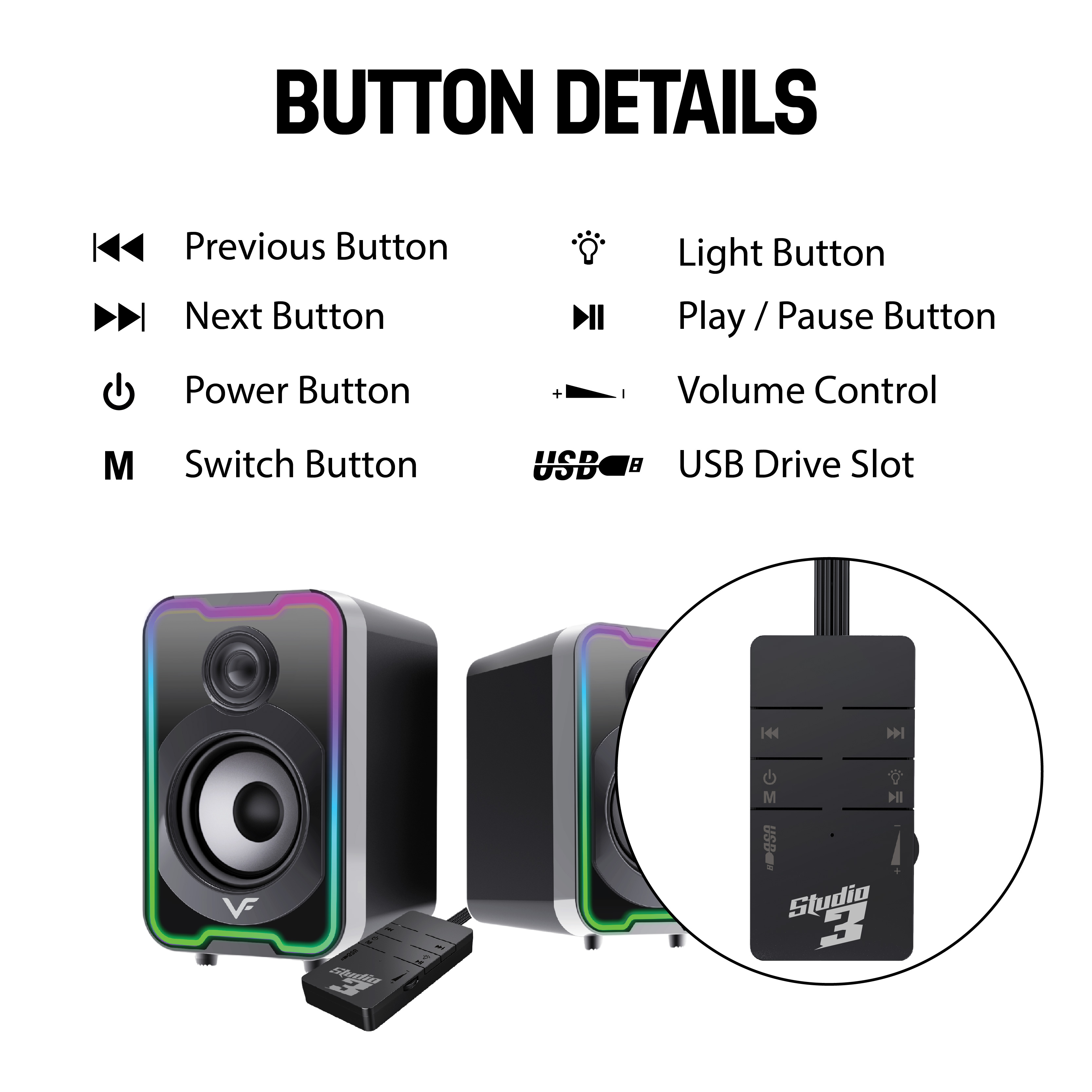 Vinnfier VF Studio 3 20W USB Powered 2.0 RGB PC Audio Bluetooth Speaker ...