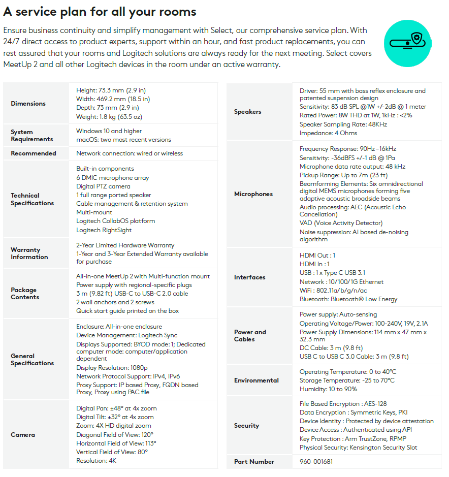 BESTSELLER LOGITECH MEETUP2 built-in Digital PTZ Camera 4x zoom with 4K ...