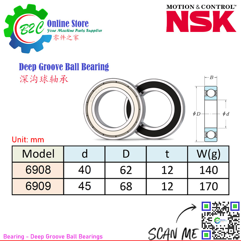 NSK 6908ZZ 6909ZZ 6908DD 6909DD Deep Groove Ball Bearing Precision ...