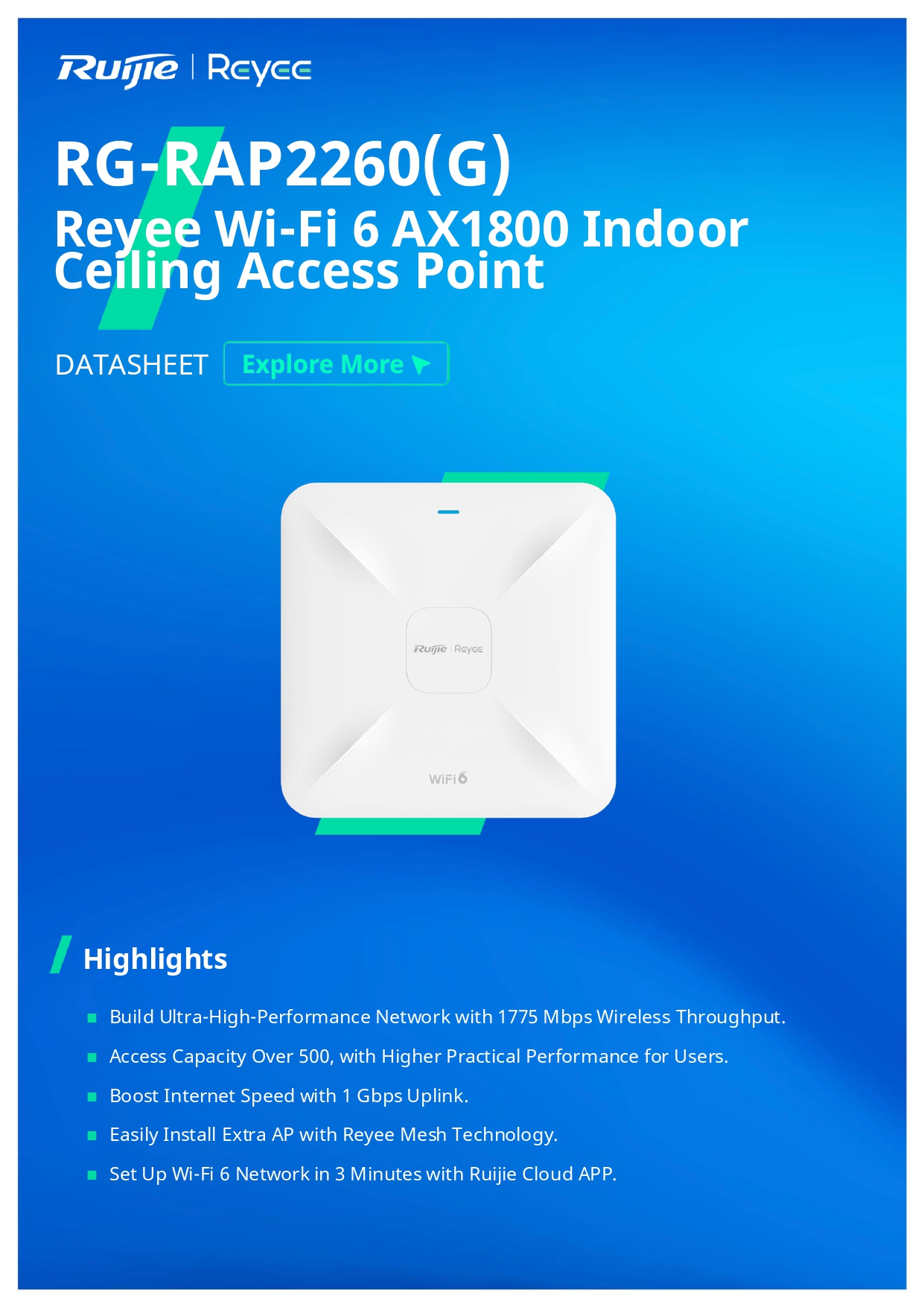 Ruijie AX1800 WiFi 6 Dual Band Gigabit Ceiling Mount Indoor AP Access Point Cloud Manage RAP2260 ...