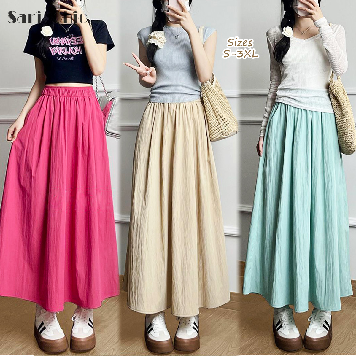 Sari Chic A-line Skirt Korean style Women Solid Color A-line Skirt High ...