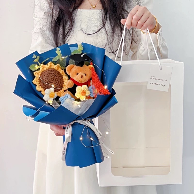 Graduation Crochet Flower Bouquet Handmade Knitted Sunflower With Bear ...