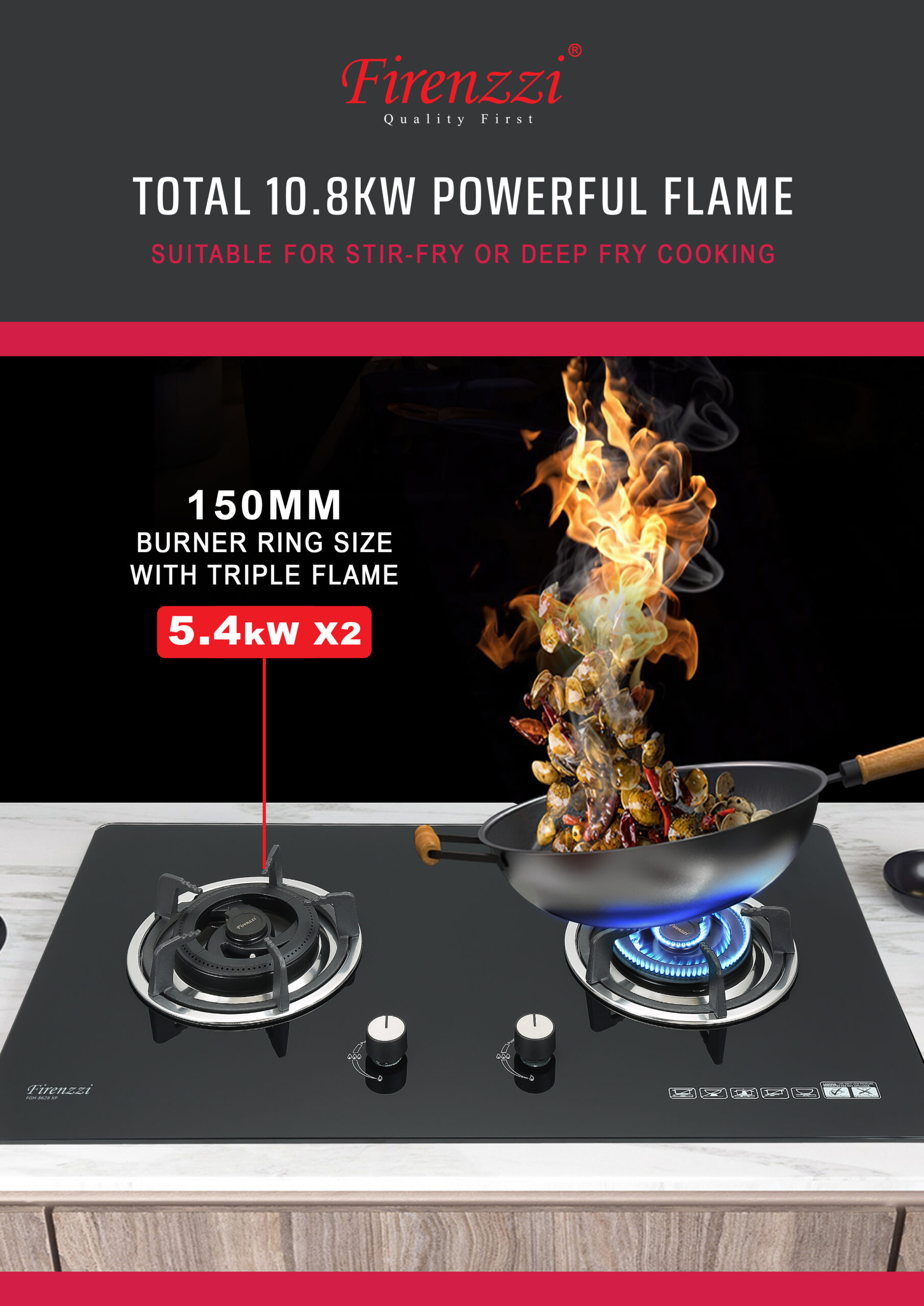 Firenzzi Glass Hob FGH-8628 XP High Flame 10.8kW Safety Valve Device ...
