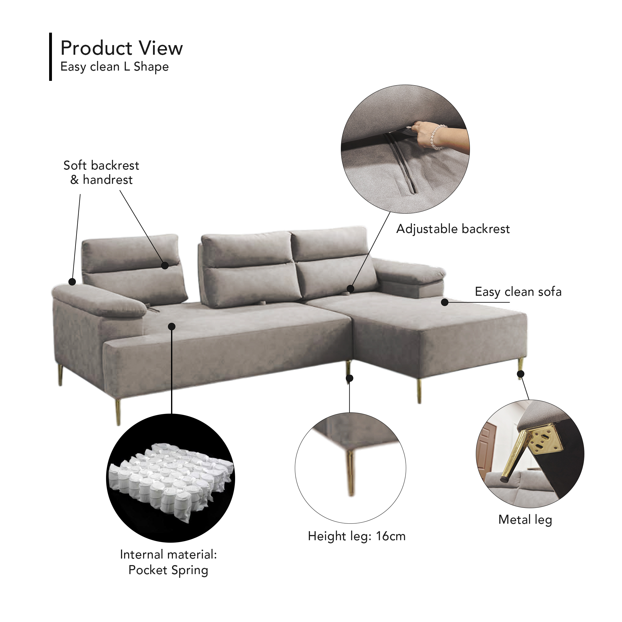 SKL Furniture 8FT PET FRIENDLY EASY CLEAN Sofa L Shape Push back Pocket ...