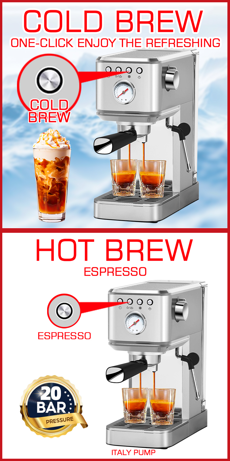 LaHome Espresso Coffee Maker Machine 20 Bar Automatic Shot Down Off ...