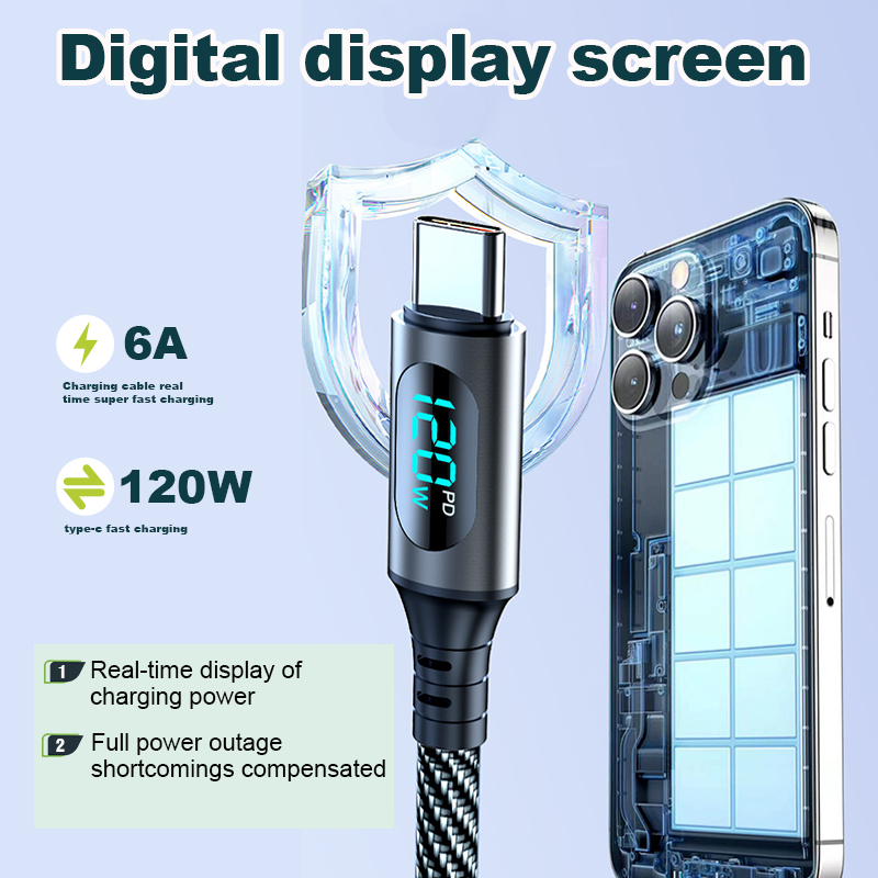 MeeGoo 120W & 6A Nylon Braided Fast Charging Cable Digital Display Of ...