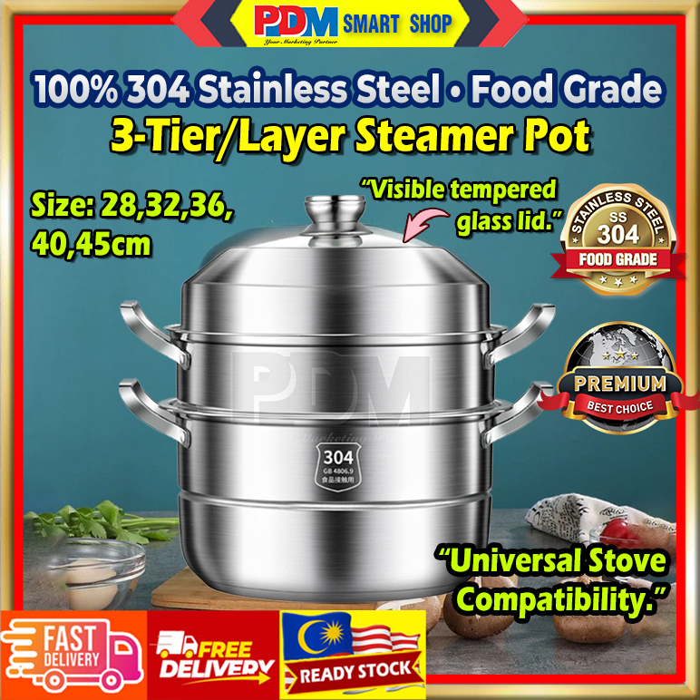 PDM Premium 304 Stainless Steel Three Layer Steamer Pot Extra Thickness ...