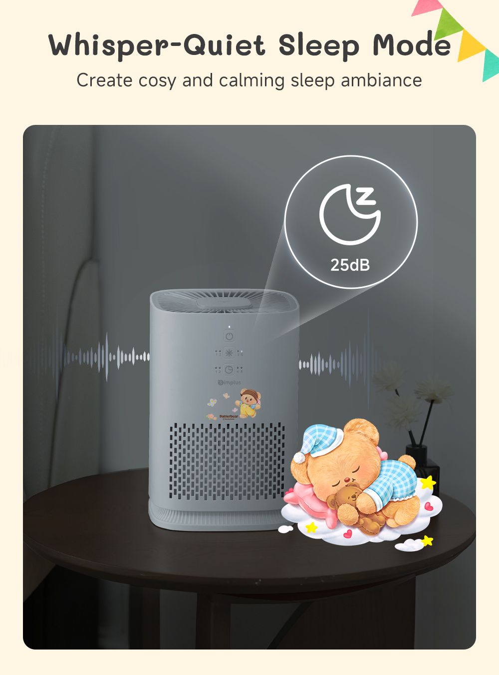 【Simplus×Butterbear】Air Purifier Mini Compact Desktop Bedroom HEPA H11 ...