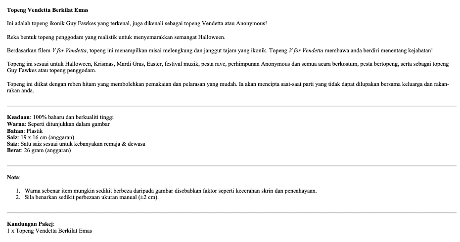 MSIA Ready Stock/ Vendetta Glossy Mask V for Anonymous Guy Fawkes ...