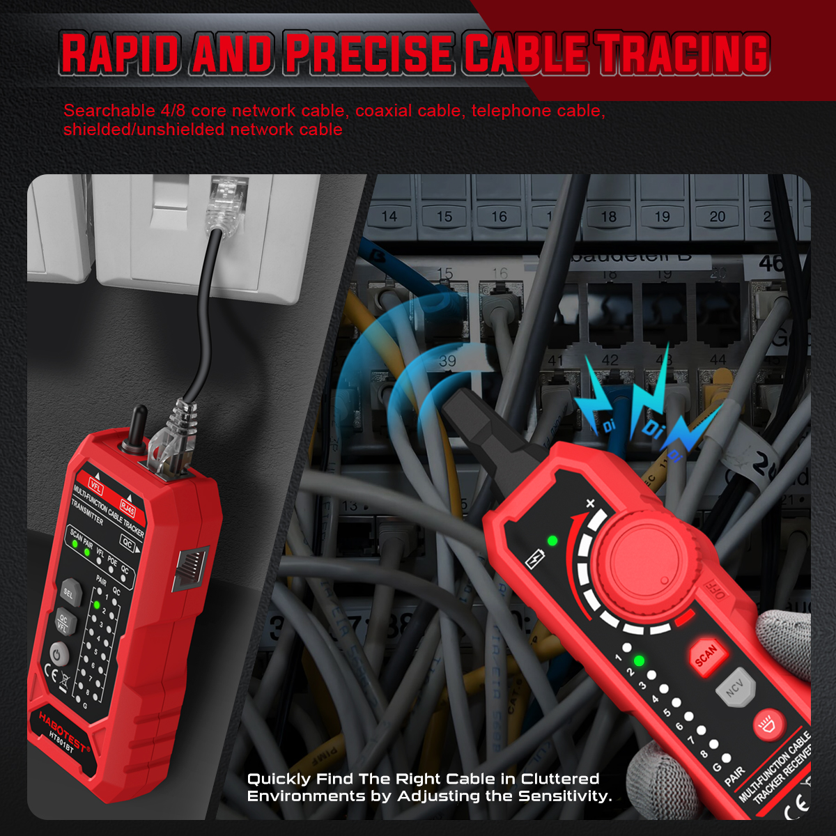 HABOTEST📢HT801A/B Ethernet LAN Network Cable Tester Line Detector RJ11 ...