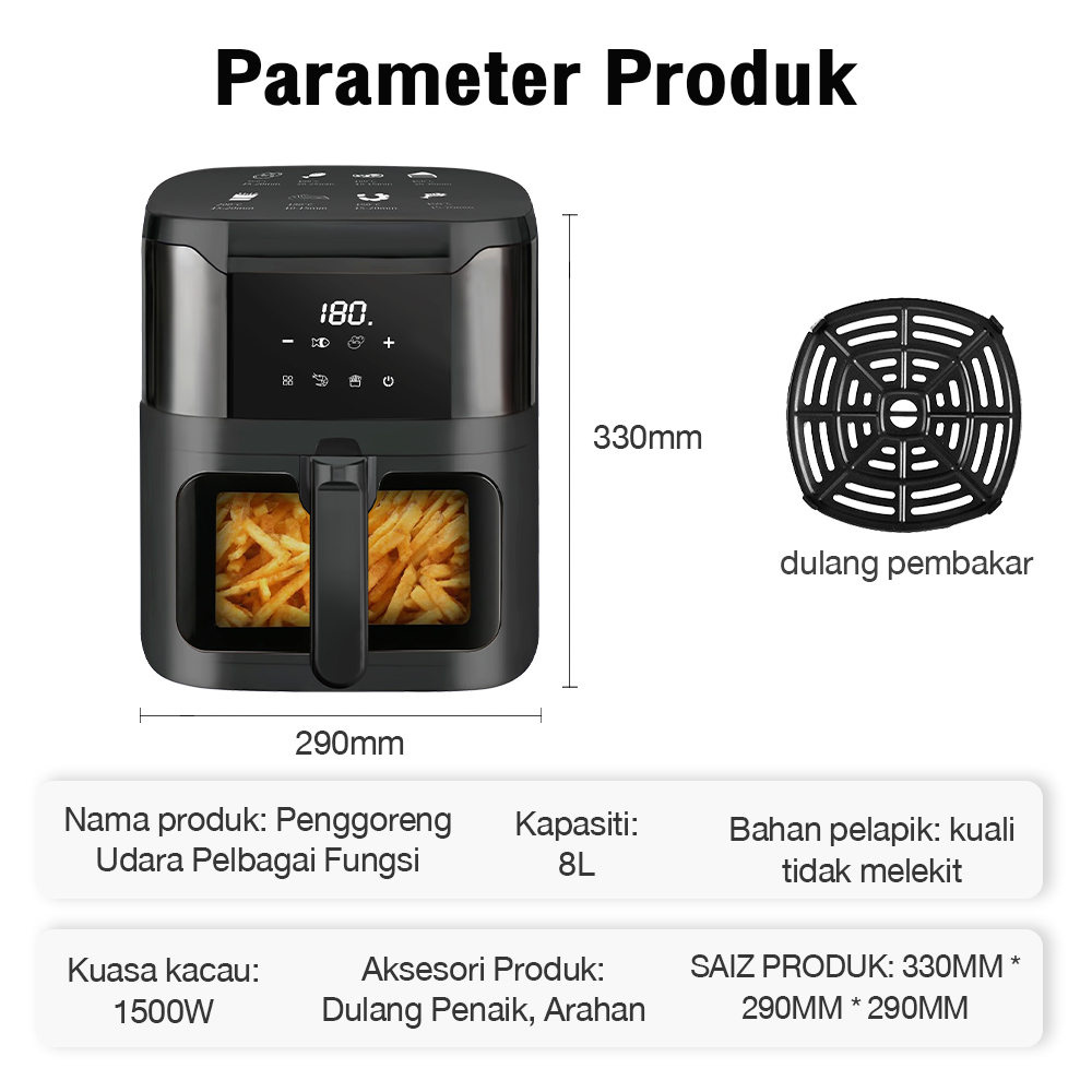 Simmo Air Fryer oil-free fryer Machine 1500W Visible Window 8L Large ...