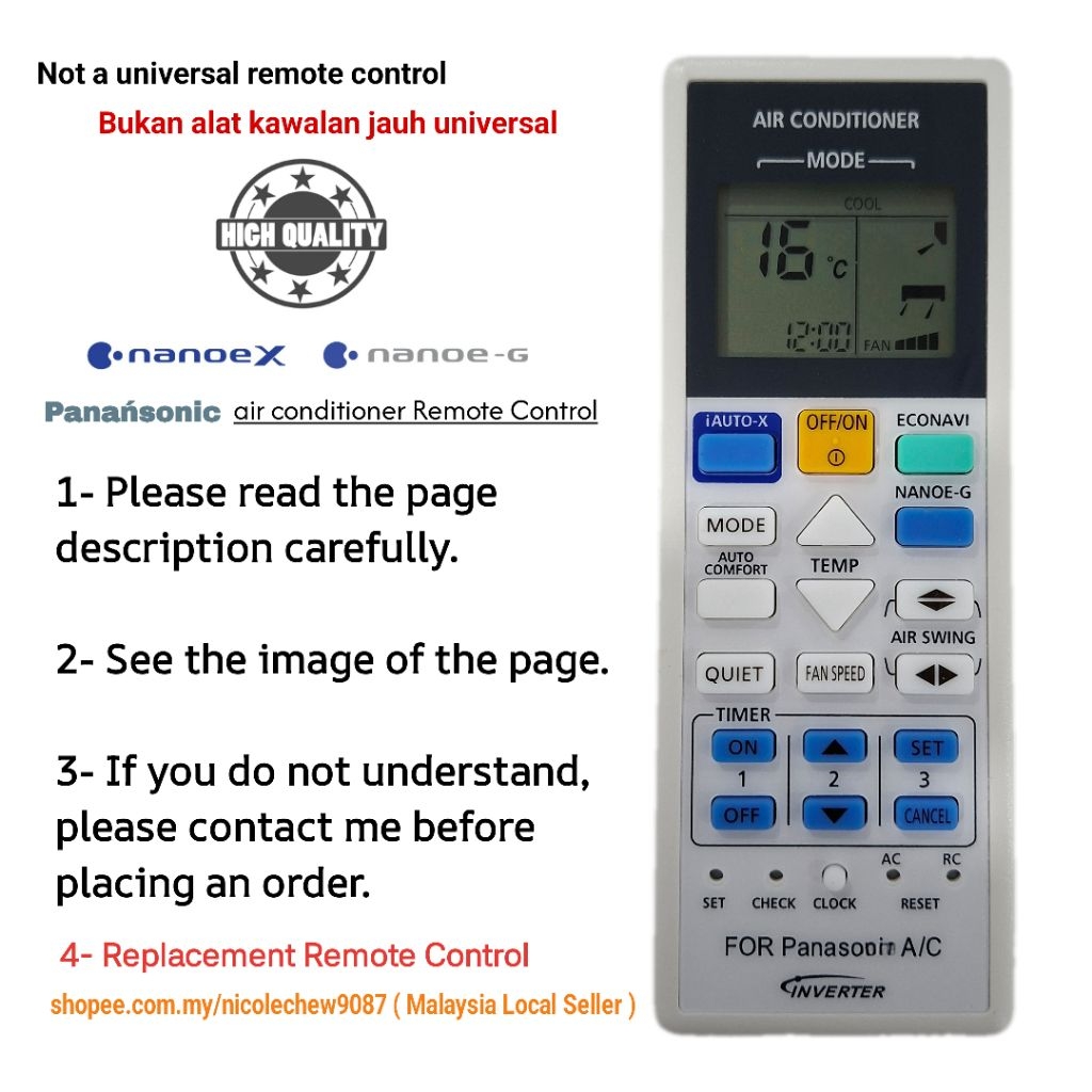 Panasonic Inverter Air Cond Air Conditioner Replacement Remote Control ...