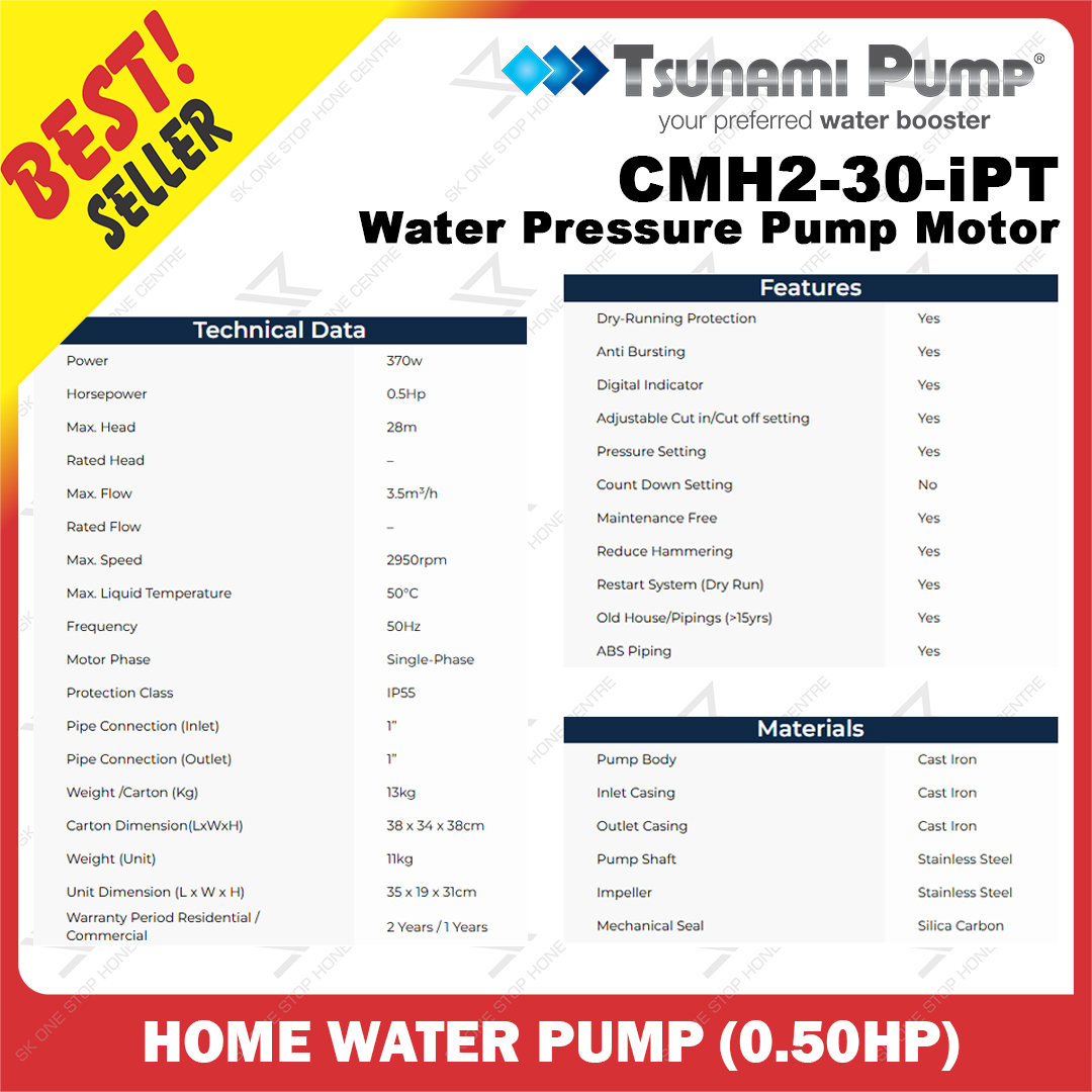 Tsunami Booster Pump CMH2-30-iPT 0.5Hp / CMH2-40-iPT 0.75Hp / CMH2-50 ...
