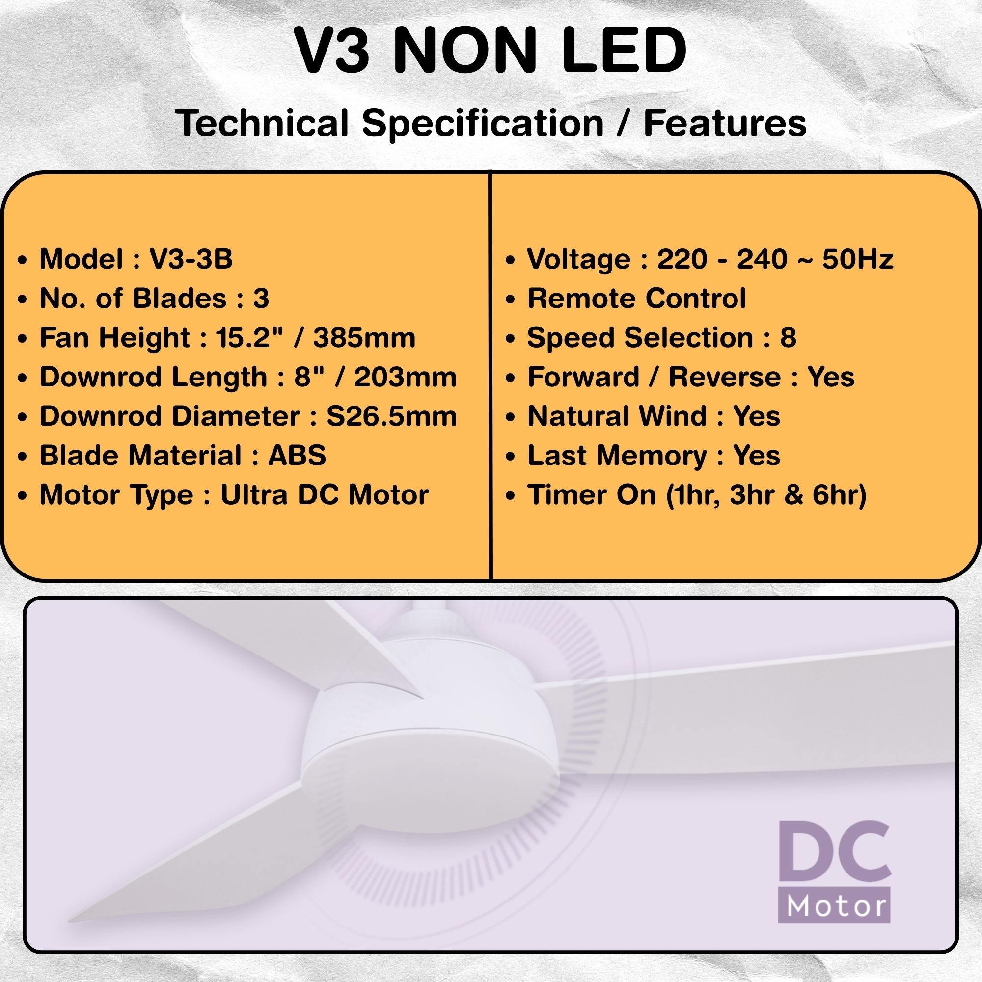 【ALPHA Vannus V3 LED】DC Motor Ceiling Fan with 3 Blades 8 Speed Remote ...