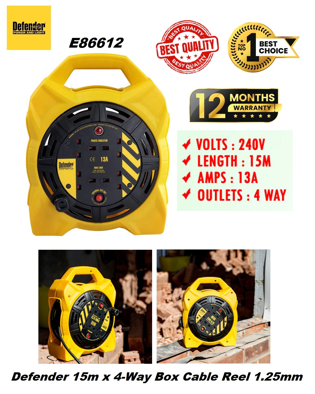 Defender 15mtr x 4-Way Compact Box Cable Reel 240V 13A | Shopee Malaysia