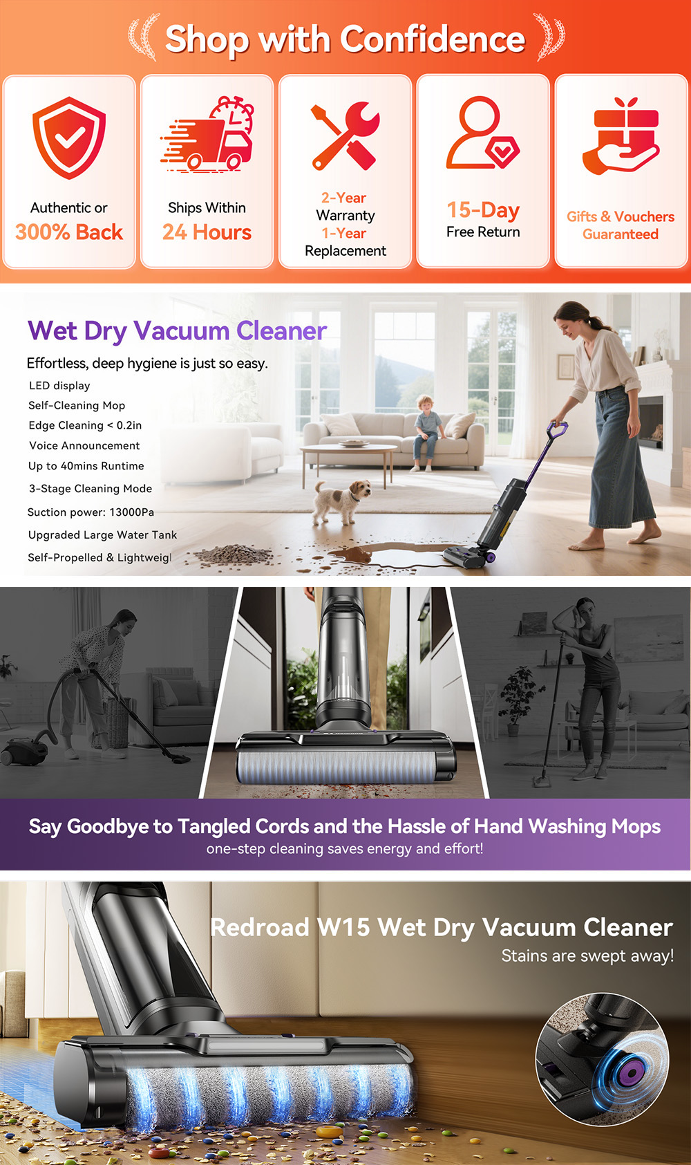 【Ready Stock】Redkey W15 Wet Dry Vacuum Cleaner&Floor Washer Hard Floor/Carpet Cleaner Robot ...