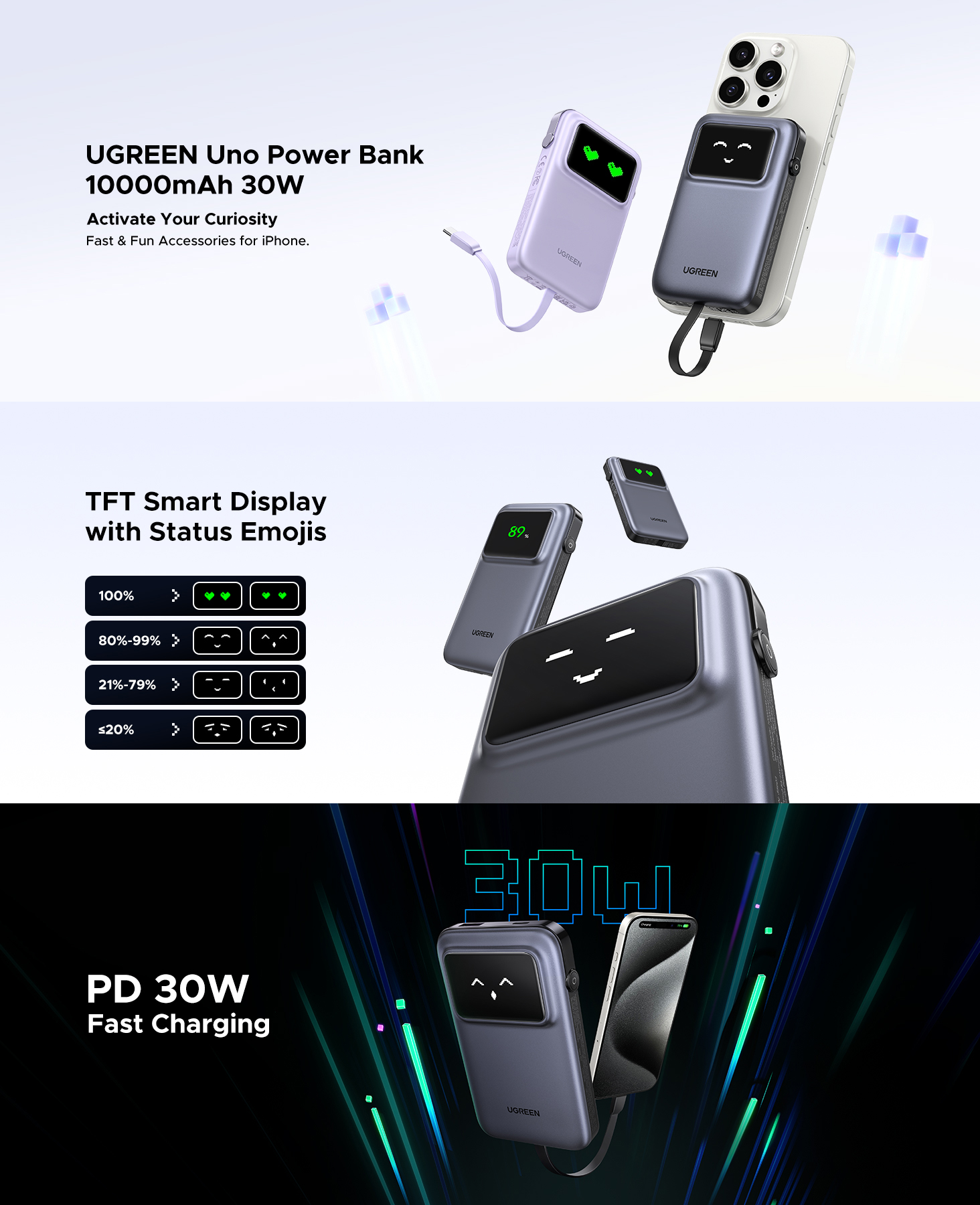 UGREEN Uno Power Bank Built-In USB-C Cable 10000mAh 30W Fast Charging ...