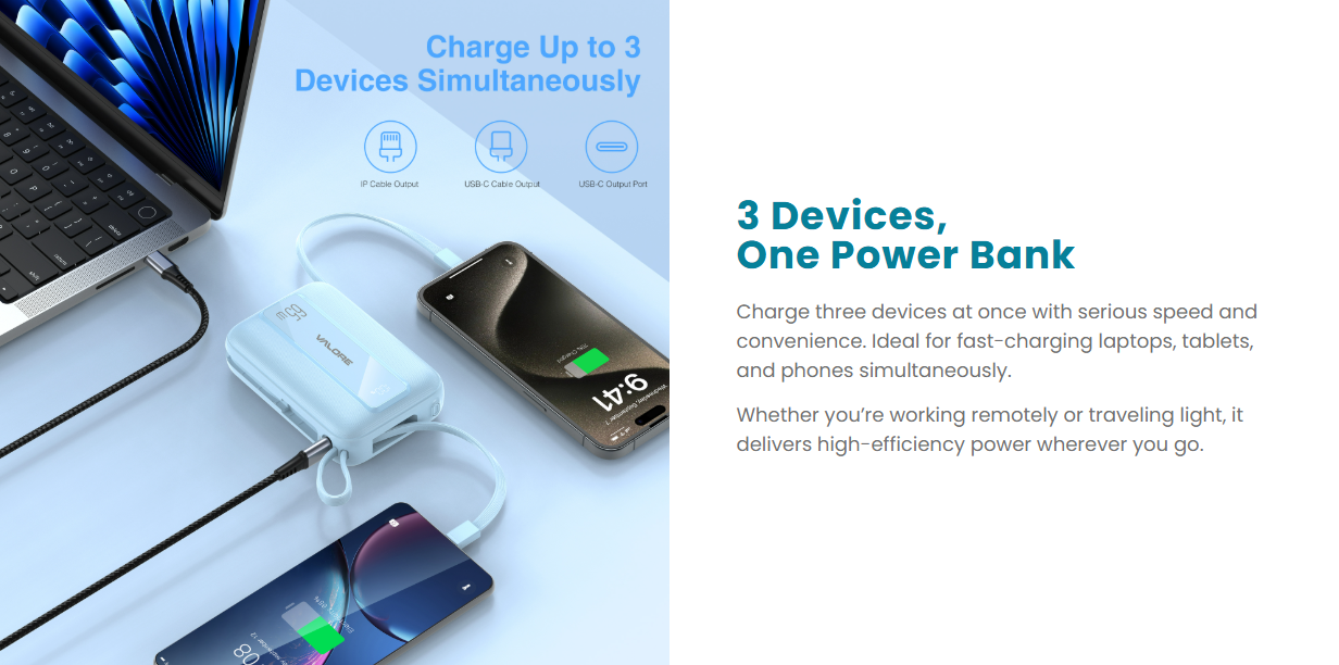 Valore PD65W 20000mAh Power Bank with Dual Built-in Cables Powerbank ...